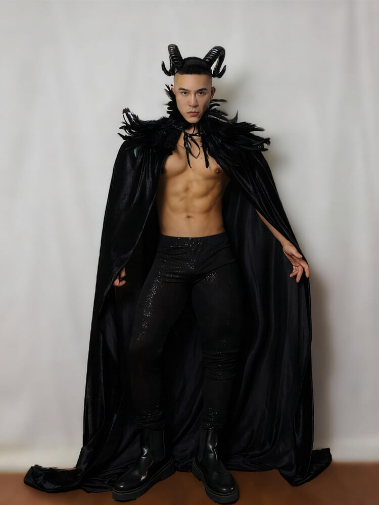Feather Cape Ox Horns Sexy Performance Costume Set - Triniful