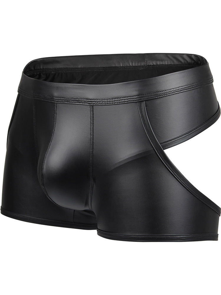 Faux Leather Men's Low Rise Sexy Boxer Pants Back Open - Silver - Triniful