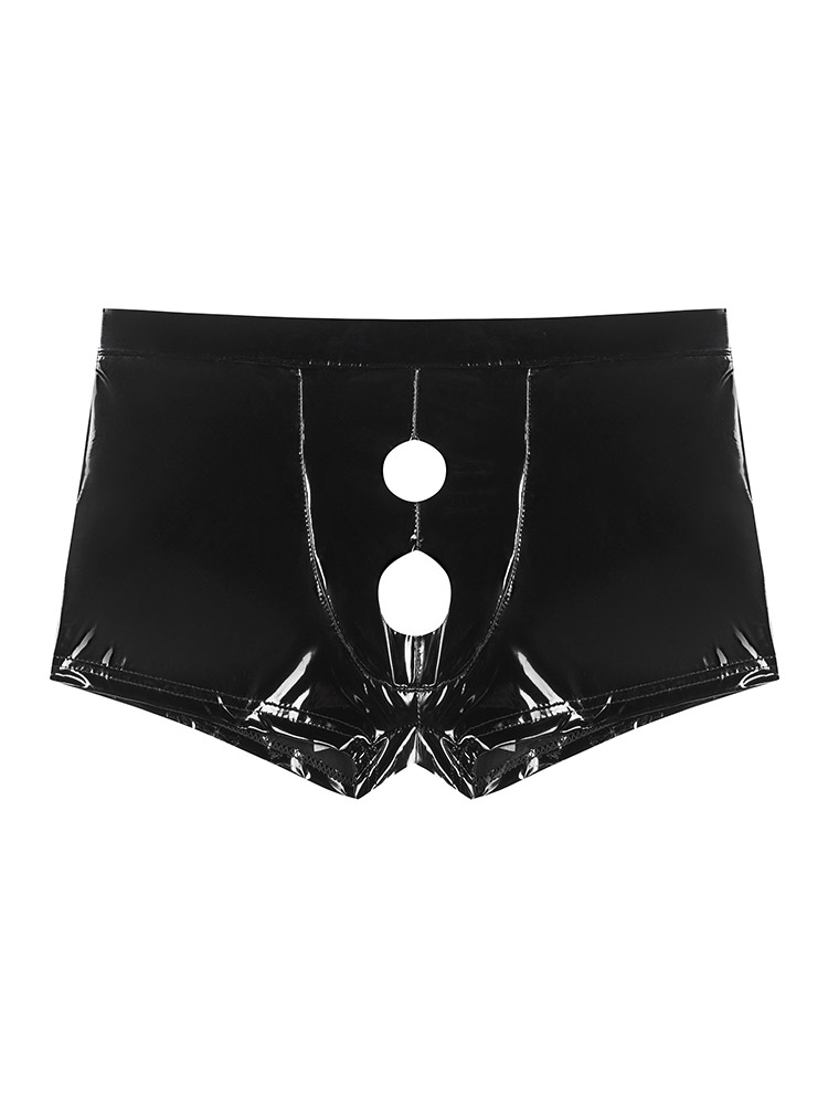 Men's Front Crotch Hollow Design PVC Shiny Shorts - Triniful