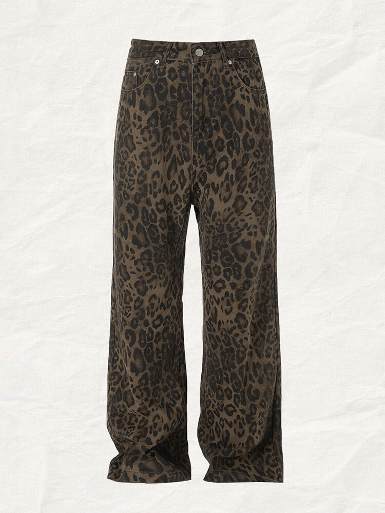American Retro Leopard Print Straight Pants - Triniful