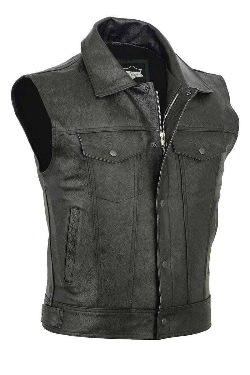 PU Leather Zipper Lapel Collar Slim Fit Solid Color Vest - Triniful