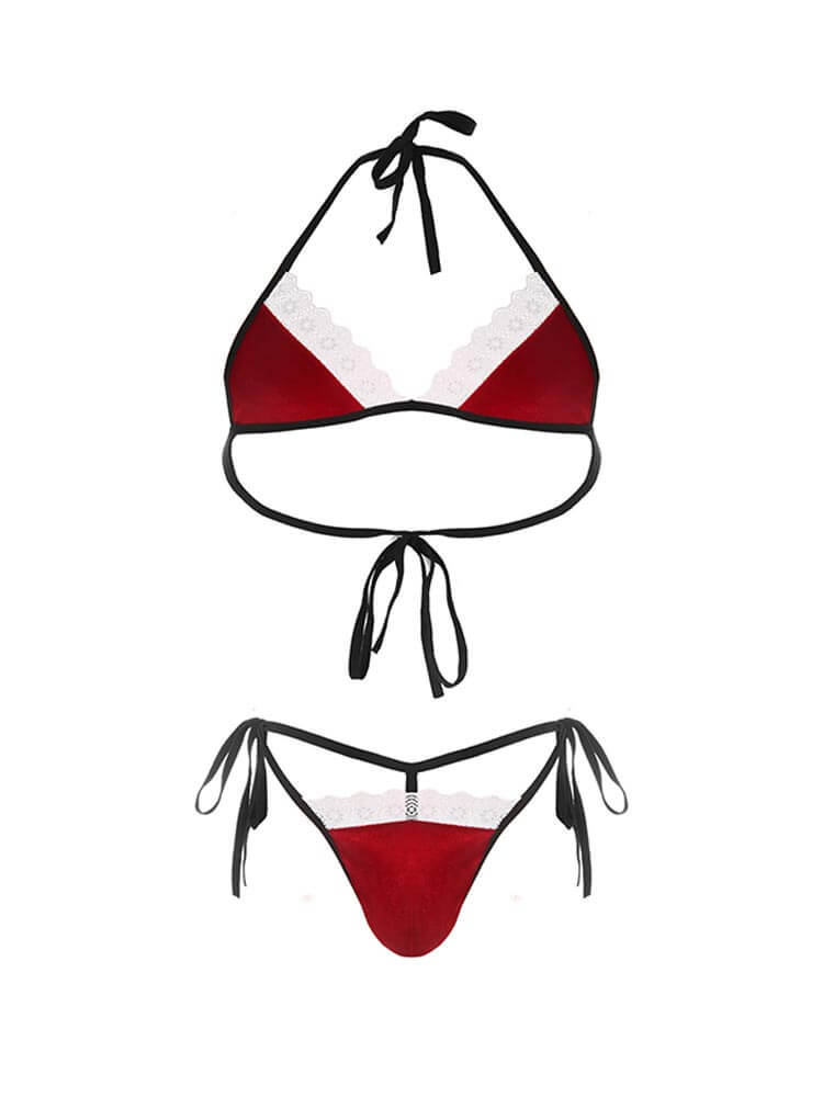 Men's Sexy Lace Red Christmas Bikini Set - Triniful